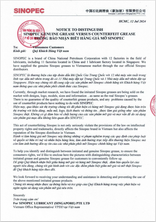 Thông Báo " NHẬN BIẾT HÀNG GIẢ MỠ SINOPEC